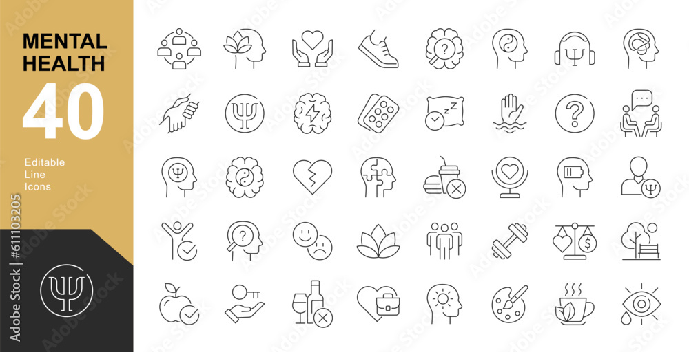 Mental Health Line Editable Icons set. Vector illustration in modern ...