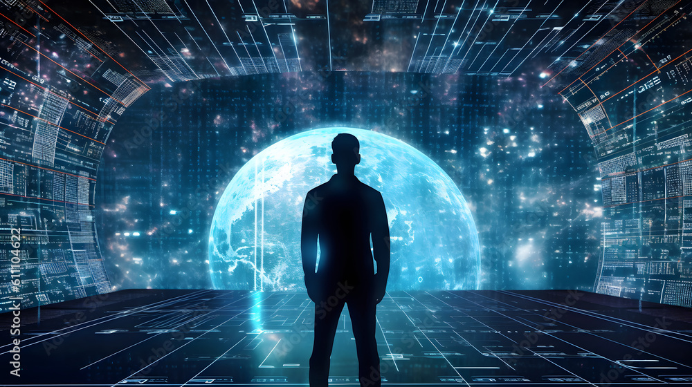 A silhouette of a person standing in front of a giant digital screen ...