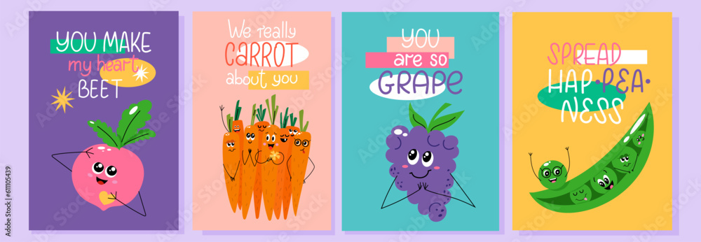 Collection of bright posters with cartoon food characters and funny ...