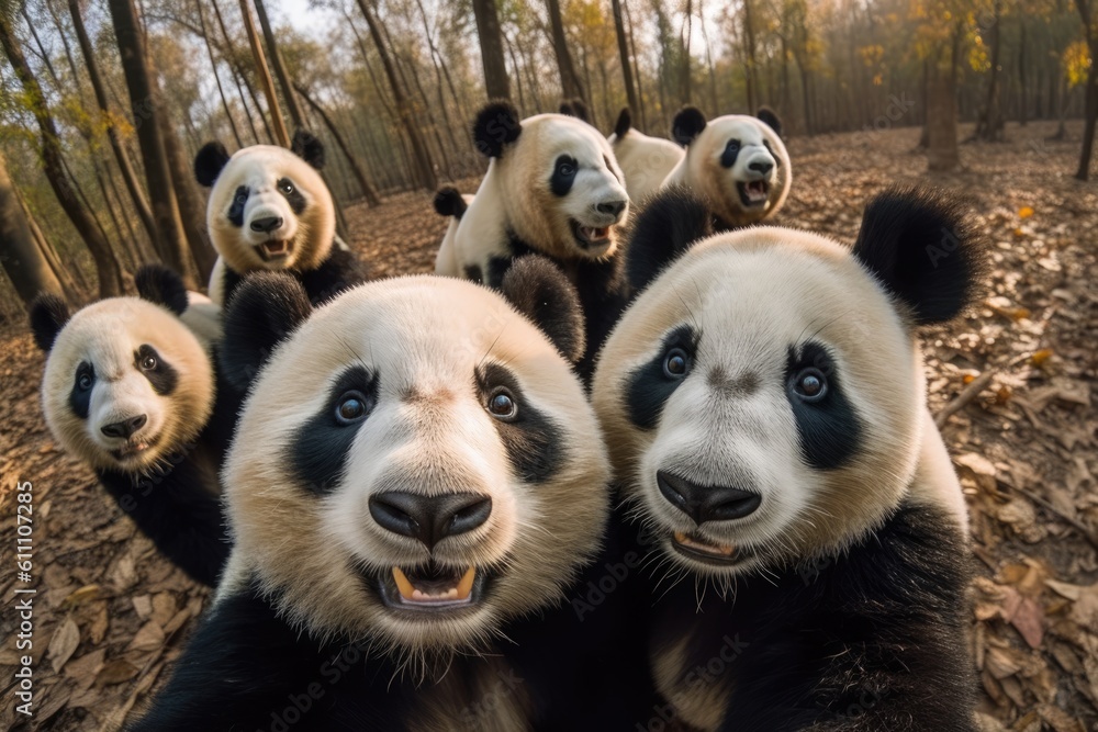 Group of pandas taking selfie photo. AI generative art Stock ...