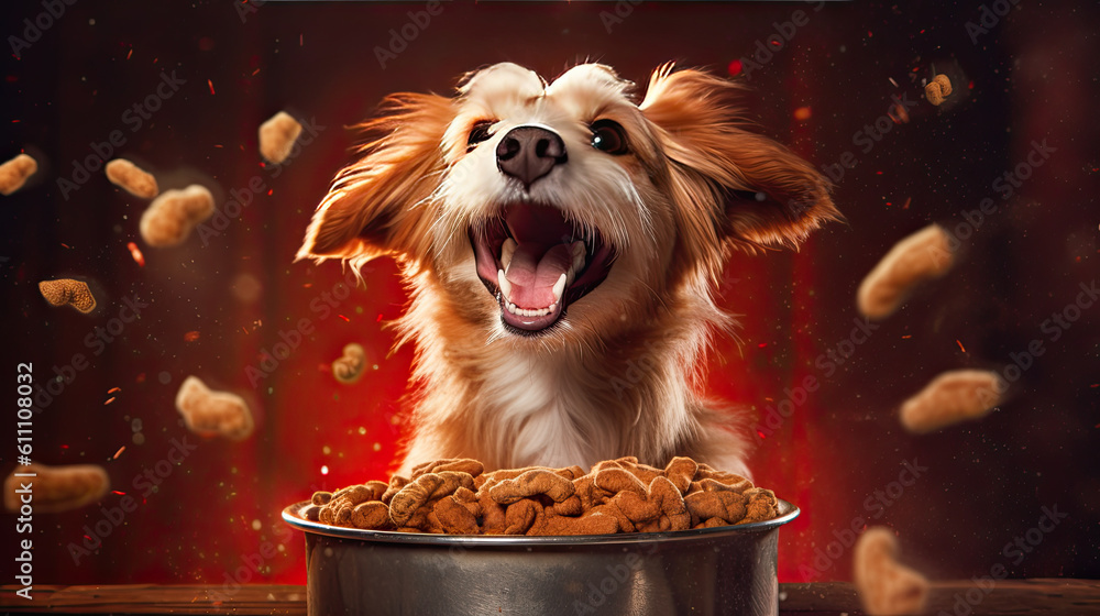 Feeding hungry dog. The owner gives his dog a bowl of granules ...