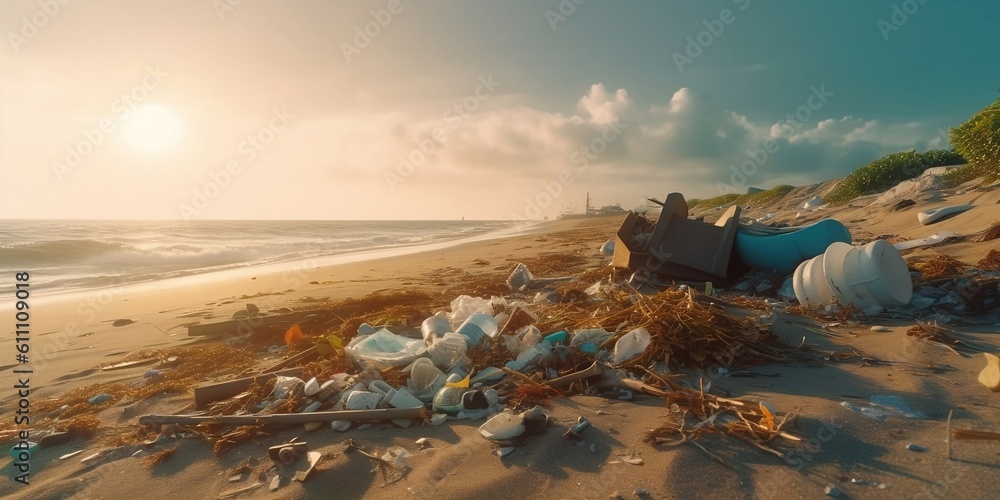 Sandy beach with mountains of debris after a storm. Nature pollution ...