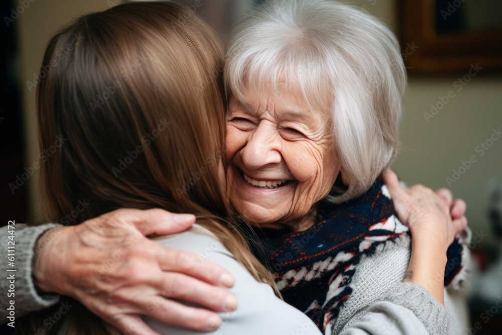 Heartwarming and authentic moment of a young girl endearingly hugging ...