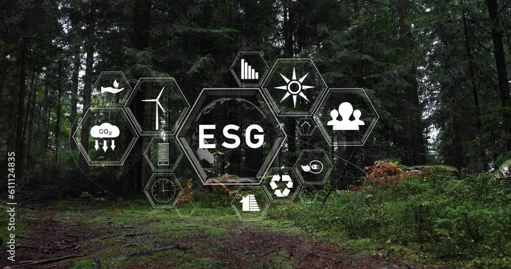 Beautiful green forest path with esg icons animation. Environment ...