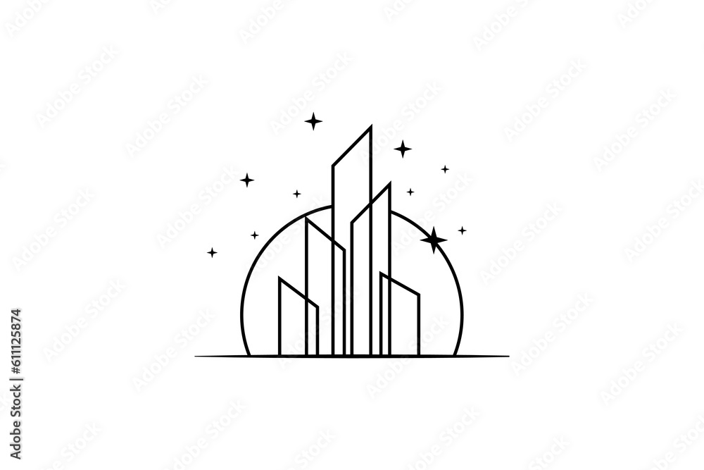 Skyscraper line art logo design with full moon and stars background ...