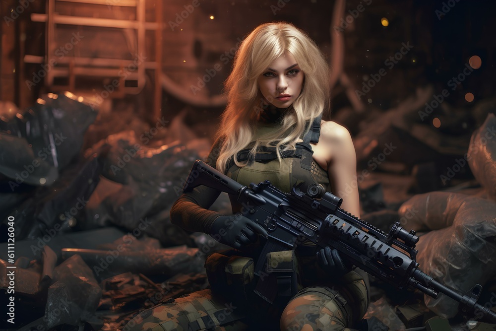 blonde woman commando in body armor and with a machine gun. generative ...