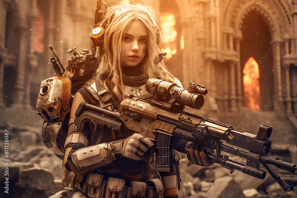 blonde woman commando in body armor and with a machine gun. generative ...