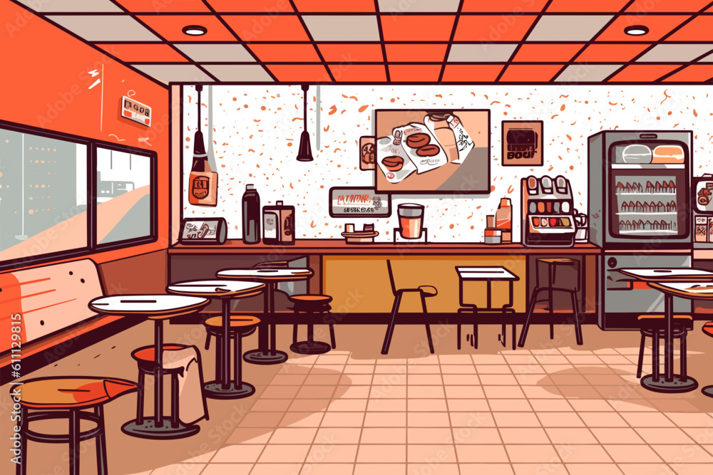 Doodle inspired Doodle inside of fast-food restaurant, cartoon sticker ...