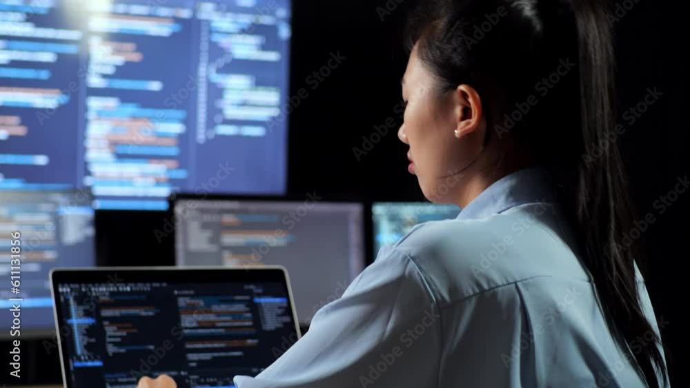 Video Stock Close Up Back View Of Asian Female Programmer Thinking ...
