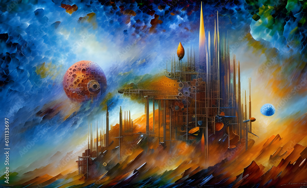 vintage style science fiction space abstract painting with an alien ...