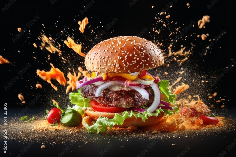 Exploding burger on a dark background created with generative AI ...