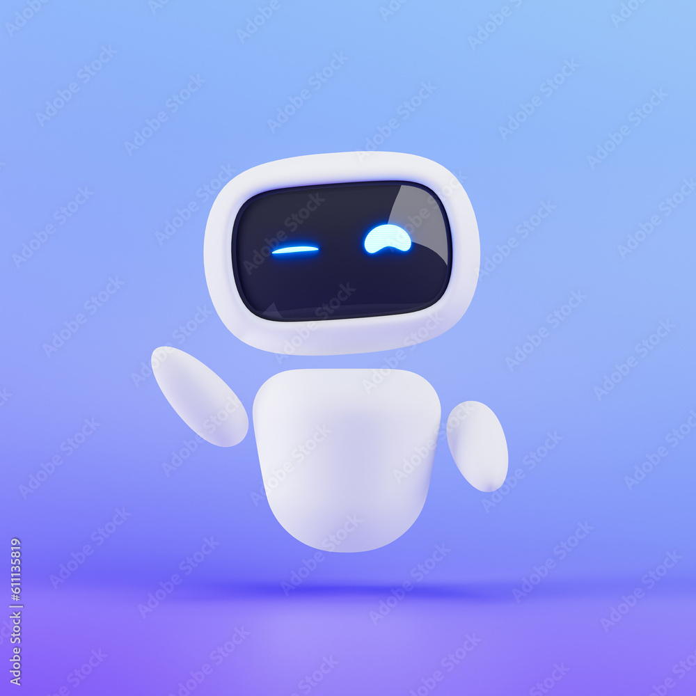 Cute 3d robot with pointing hand and winking eye isolated over purple ...