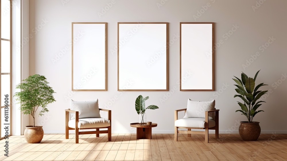 Interior of a light living room with two empty white posters, a chair ...