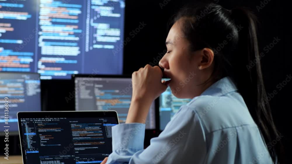 Video Stock Close Up Back View Of Asian Female Programmer Celebrating Succeed Writing Code By A ...