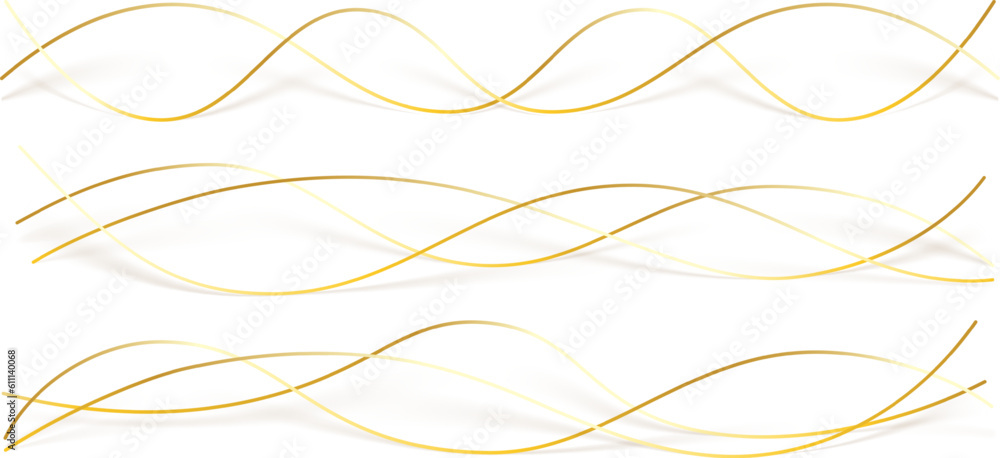 3d wavy gold lines swoosh on white background. Luxury beauty thin curves, swirl as stream flow ...