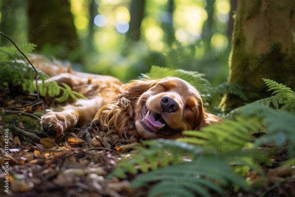 Environmental portrait photography of a smiling cocker spaniel sleeping ...
