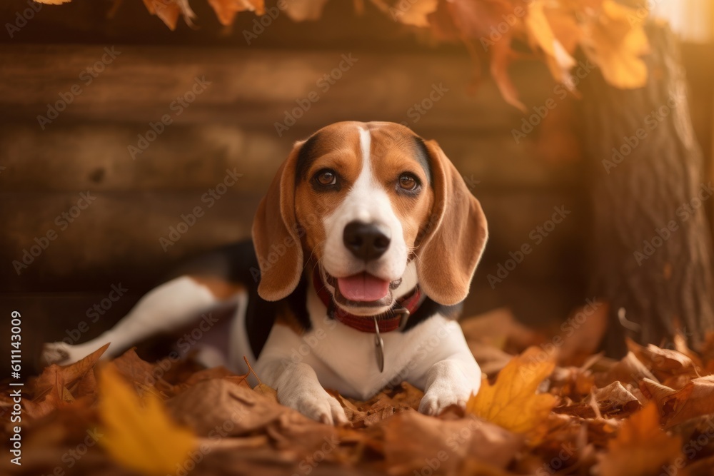 Conceptual portrait photography of a happy beagle lying down against an ...