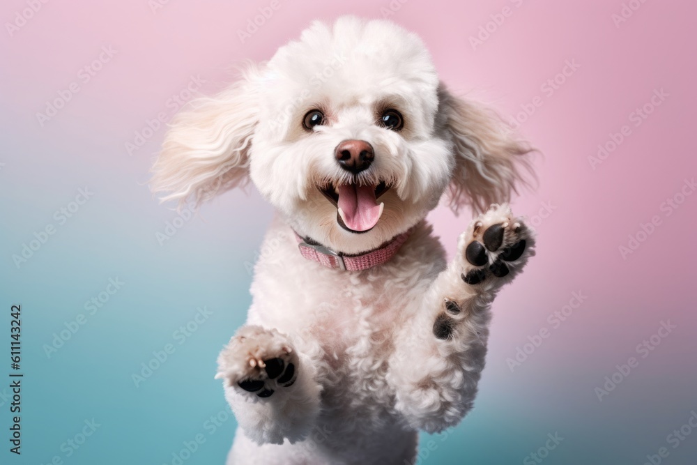 Lifestyle portrait photography of a smiling poodle having a paw print ...