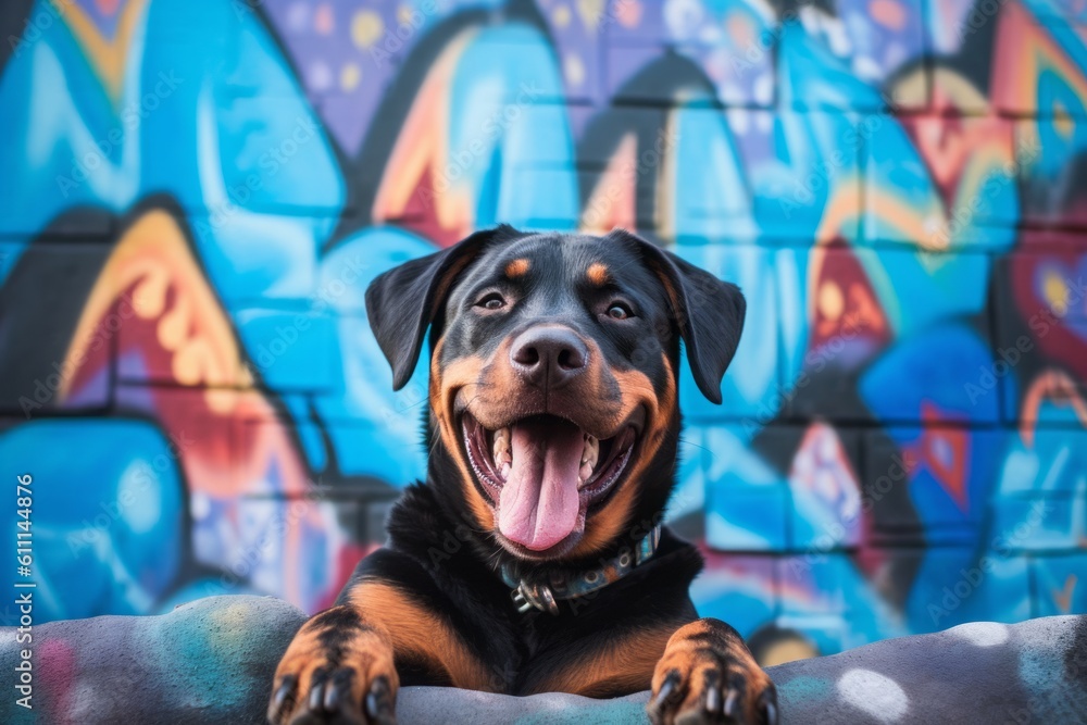 Group portrait photography of a happy rottweiler sleeping in a dog bed ...