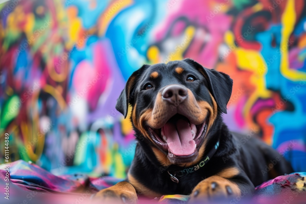 Group portrait photography of a happy rottweiler sleeping in a dog bed ...