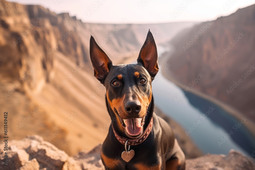 Medium shot portrait photography of a happy doberman pinscher sitting ...
