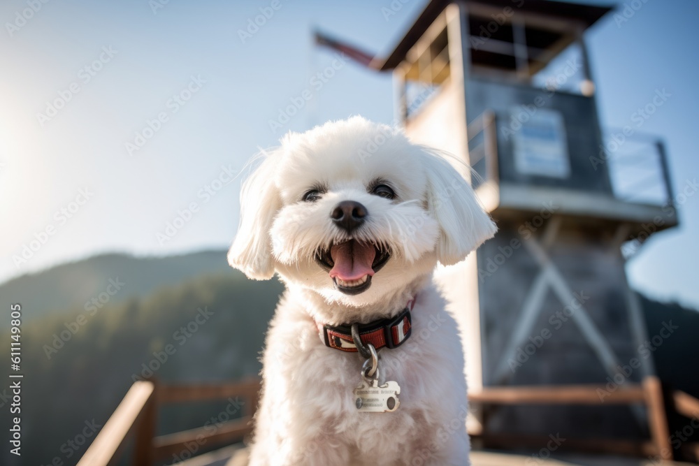 Lifestyle portrait photography of a smiling bichon frise sitting ...