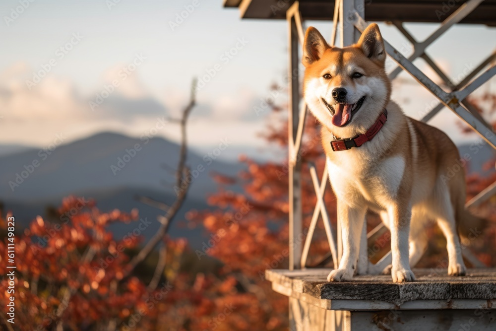 Full-length portrait photography of a smiling akita inu having a ...