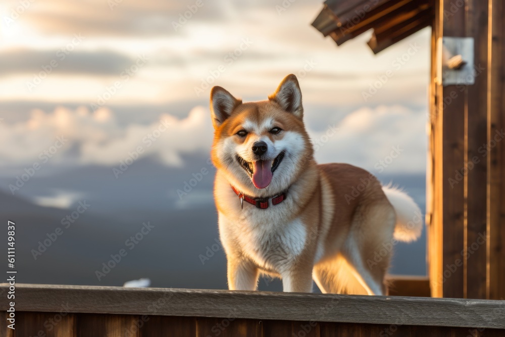 Full-length portrait photography of a smiling akita inu having a ...