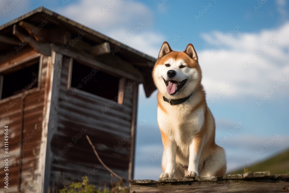 Full-length portrait photography of a smiling akita inu having a ...
