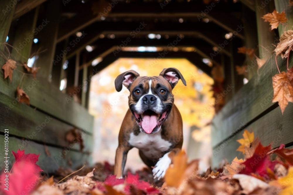 Lifestyle portrait photography of a smiling boxer dog playing in a pile ...