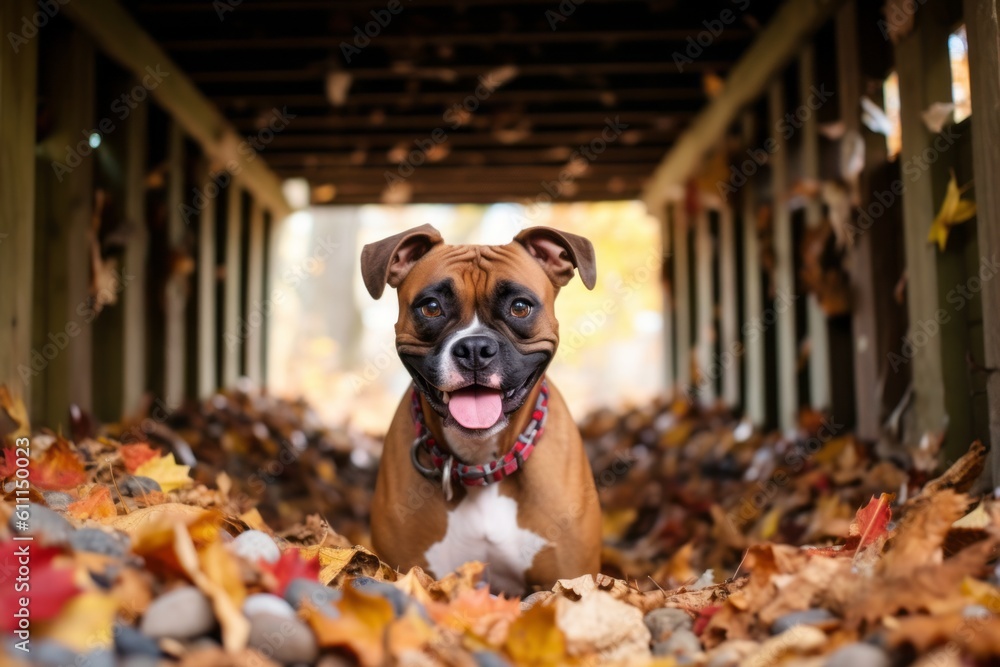 Lifestyle portrait photography of a smiling boxer dog playing in a pile ...