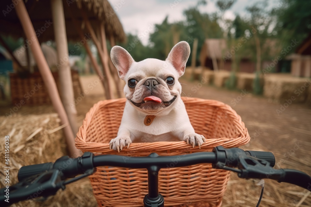 Lifestyle portrait photography of a funny french bulldog riding in a ...
