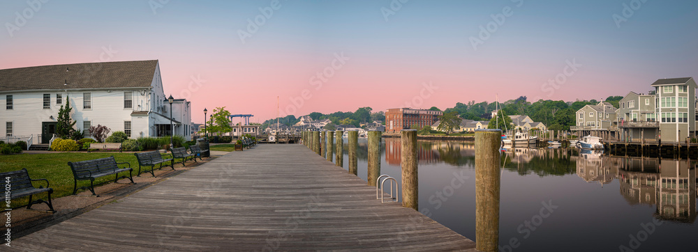 Mystic River boardwalk summer landscape in Connecticut at sunrise Stock ...