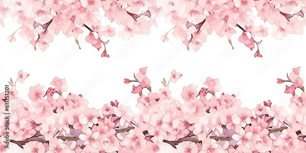 tiled watercolor pink cherry blossom Sakura flower borders with ...