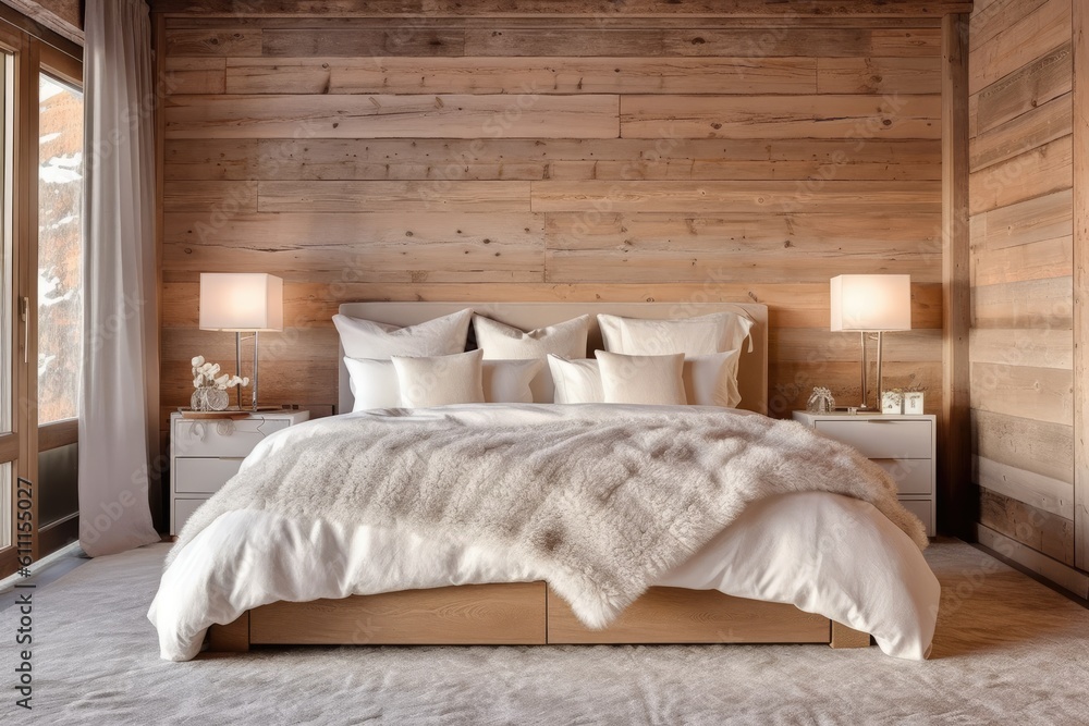 King-sized bed, pillows, and white bedcover in a corner of a light ...