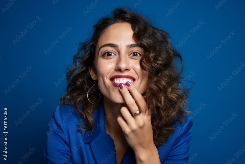 Medium shot portrait photography of a grinning girl in her 30s making a ...