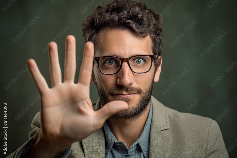 Close-up portrait photography of a happy boy in his 30s making a sorry ...