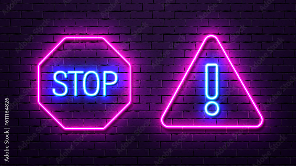 Neon warning signs: stop in the octagon and exclamation mark in the ...