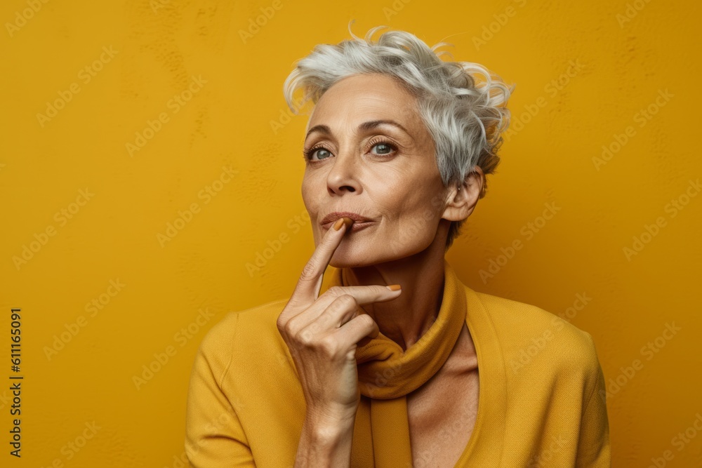 Close-up portrait photography of a satisfied mature woman making a shhh ...