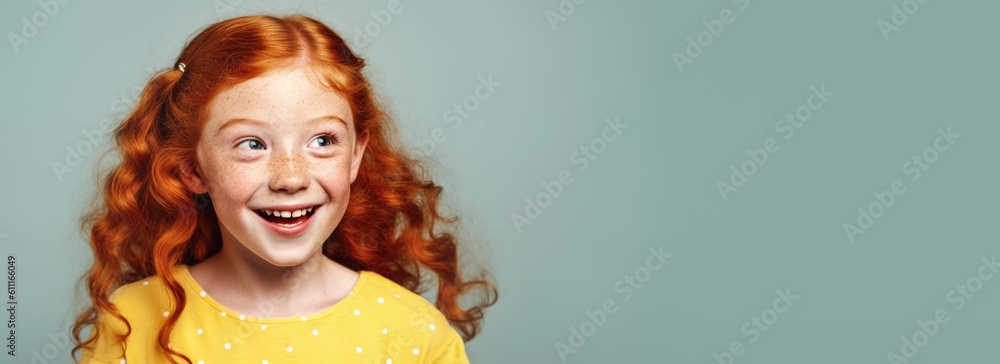 Smiling small ginger red curly hair girl with freckles. She looks cute ...