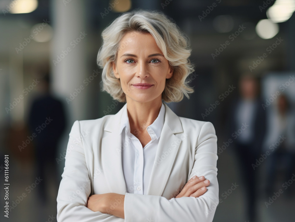 Happy middle aged business woman ceo standing in office arms crossed ...