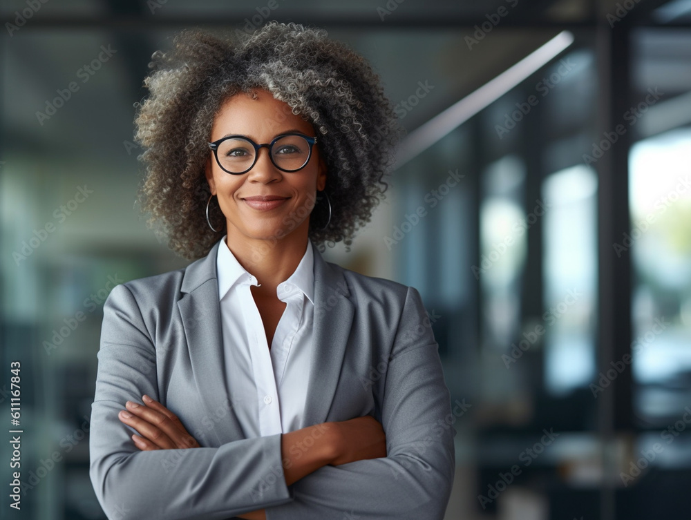 Happy middle aged business afro woman ceo standing in office arms ...