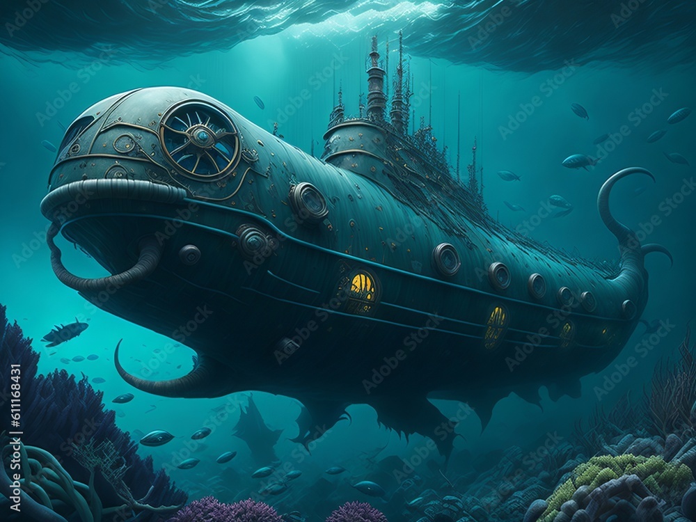 Gigantic fantasy submarine with tentacles drowning under the deep of ...