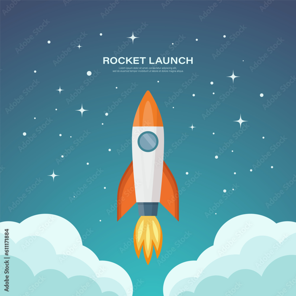 Vector Retro Red and White Space Rocket Ship Launch on Space Sky ...