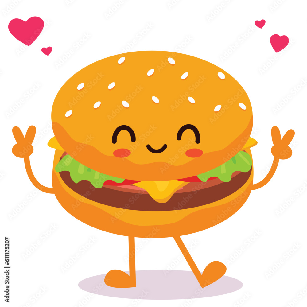 Happy smiling Kawaii cute burger. Vector flat cartoon character ...