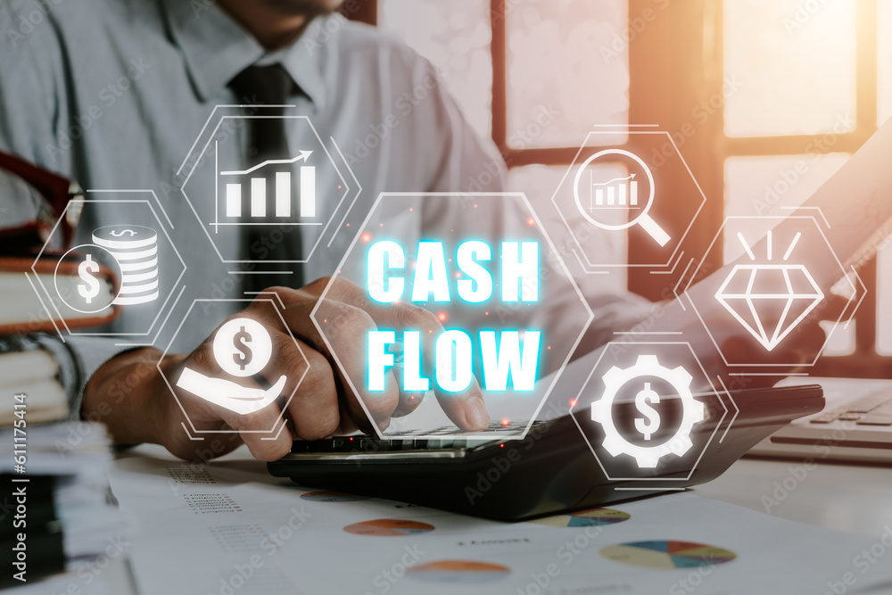 Cash flow concept, Businessman using calculator and analyzing business ...