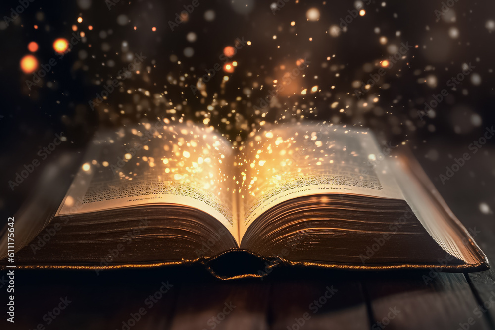the enchantment of an open book, as sparkling golden dust dances atop ...