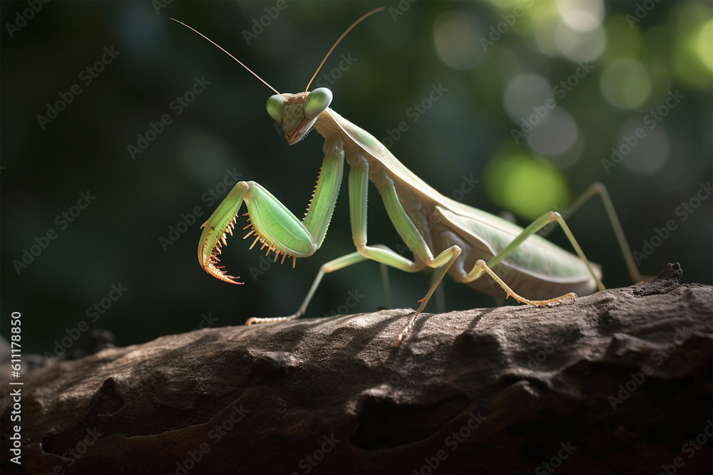 Generative AI. a praying mantis on a tree branch Stock Illustration ...