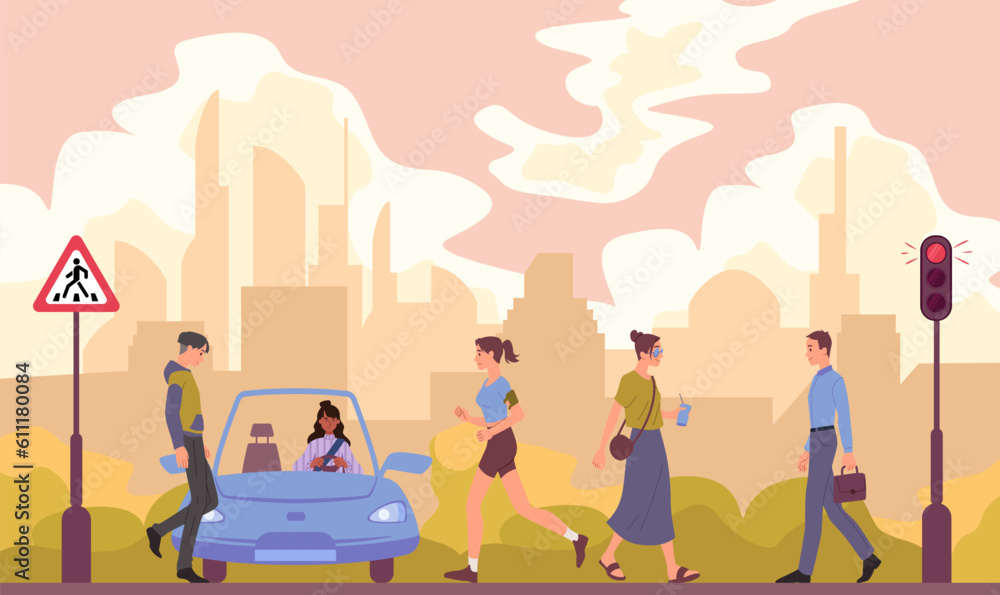 People walking at crosswalk concept. Men and women walk along ...