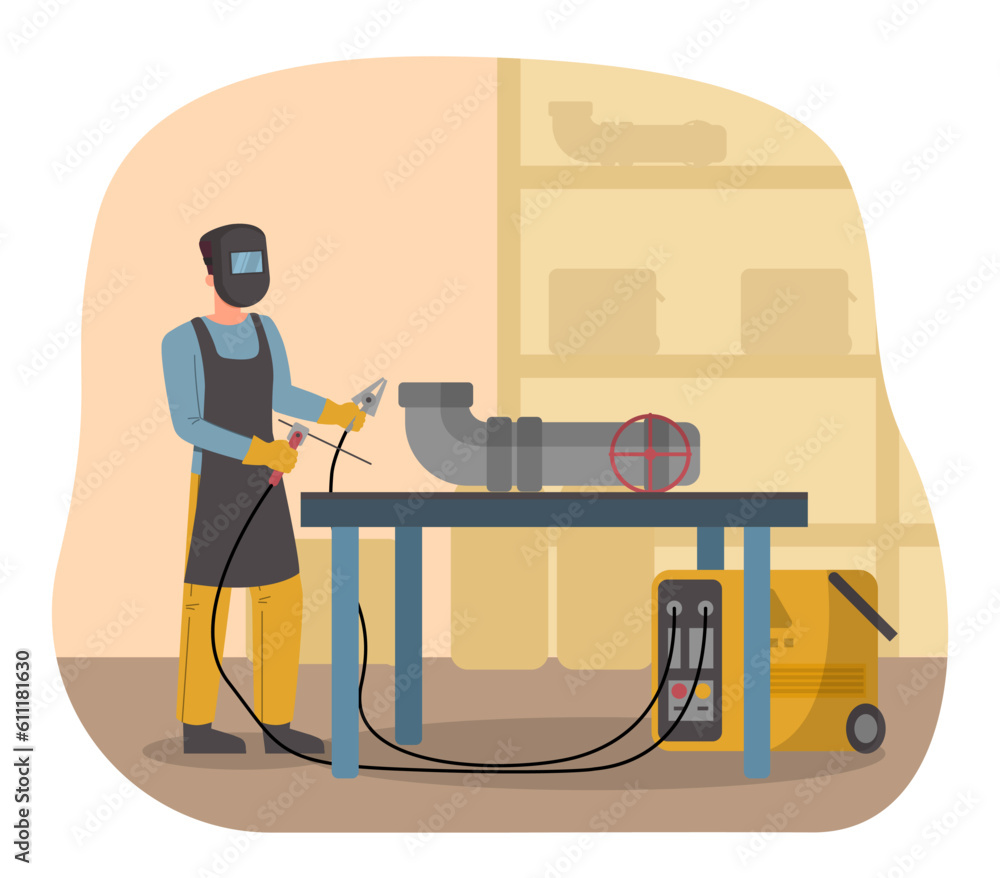 Welder at workplace concept. Man in uniform on table next to water pipe ...